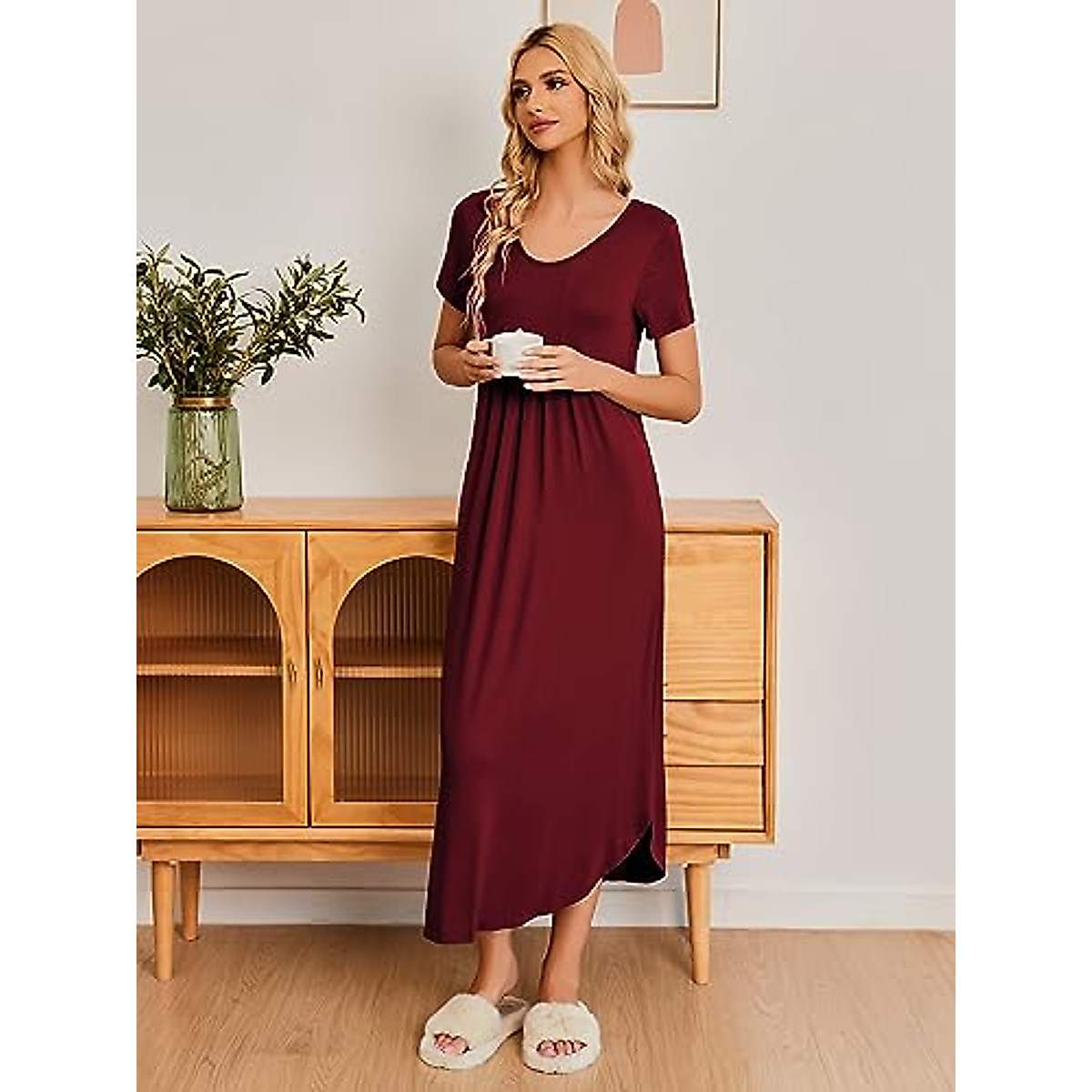 Ekouaer Women Long Nightgowns Solid Sleep Dress Scoop Neck Night Gown Sleepwear Nightshirt Wine Red XXL