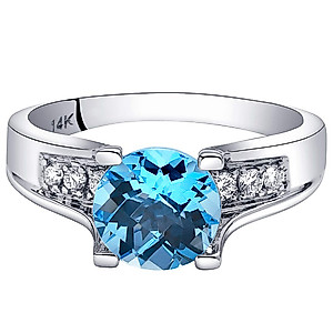 PEORA Swiss Blue Topaz and Diamond Cathedral Ring for Women 14K White Gold, Natural Gemstone Birthstone, 2.25 Carats Round Shape, 8mm, Size 5