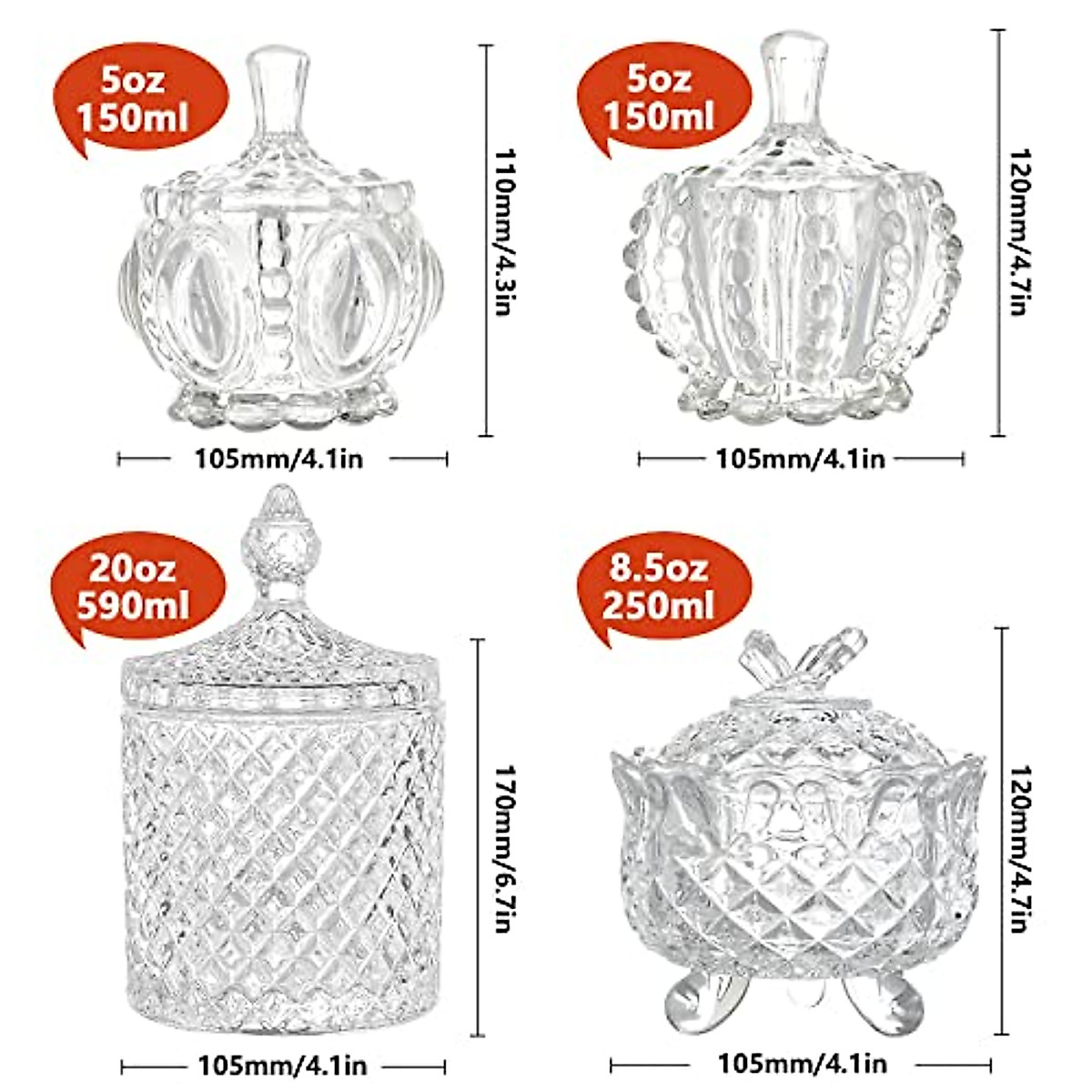 INFTYLE Glass Candy Dish with Lid Set of 4 Crystal Glass Candy Jar Jewelry Box Dappen Dish Cookie Jar for decorative storage gift idea