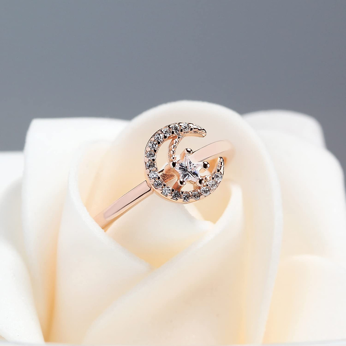 Meissa Sterling Silver Adjustable Ring for Women Crescent Moon and Star Ring Cubic Zirconia Silver Rose Gold Pleated Constellation Ring Gold