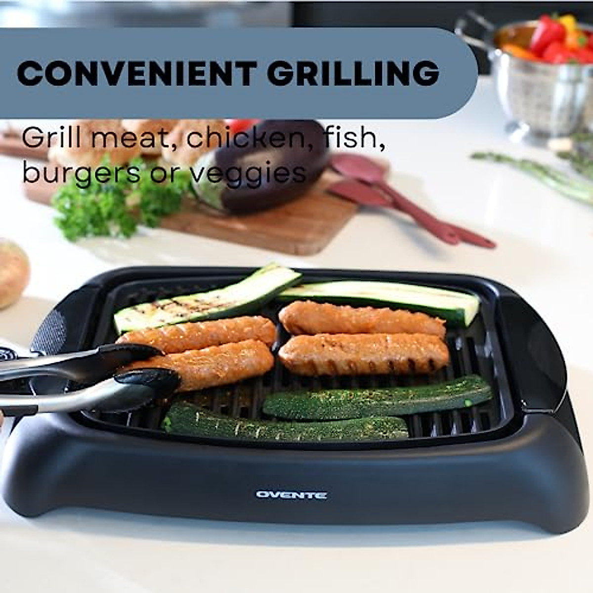 OVENTE Indoor Electric BBQ Grill with Non-stick Grilling Plate, Adjustable Temperature Control, Easy to Clean Cooking Surface and Removable Drip Tray, Perfect for Small House Party, Black GD1632NLB