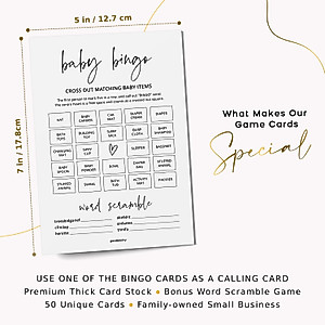 Baby Shower Bingo Game (50 Unique Cards), Pre-Filled, Baby Shower Games, Added Word Scramble (Minimalist)