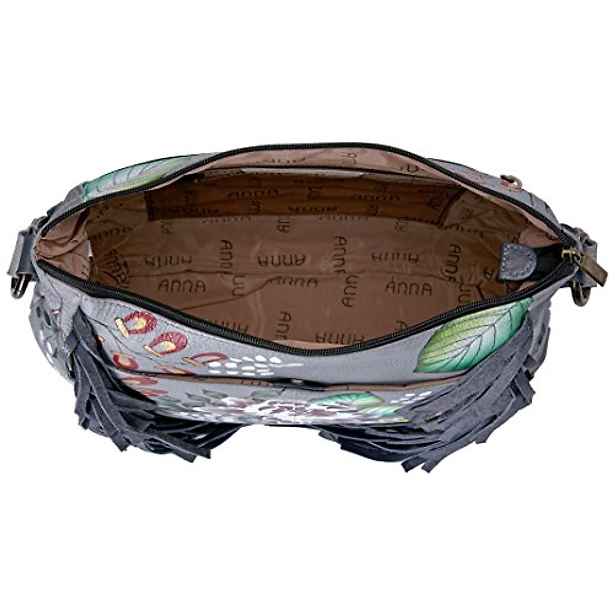 Anna by Anuschka Women's Genuine Leather Medium Fringed Hobo Shoulder bag | Hand Painted Original Artwork | Garden of Eden