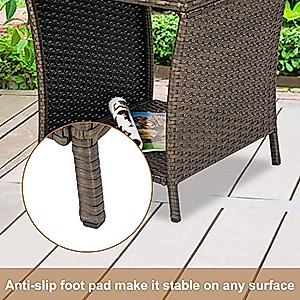 J-SUN-7 Patio Square Wicker Side Table - Set of 2 Outdoor Tempered Glass Top End Table with Storage for Patio Courtyard Balcony (Brown)