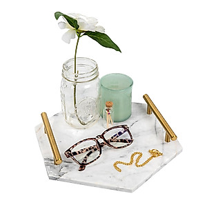 White Marble Tray with Gold Handles - Solid Marble Perfume Tray for Vanity - Chic Modern Hexagon Tray, Room Decor Tray, Elegant Bathroom Tray (Hexagon, White)