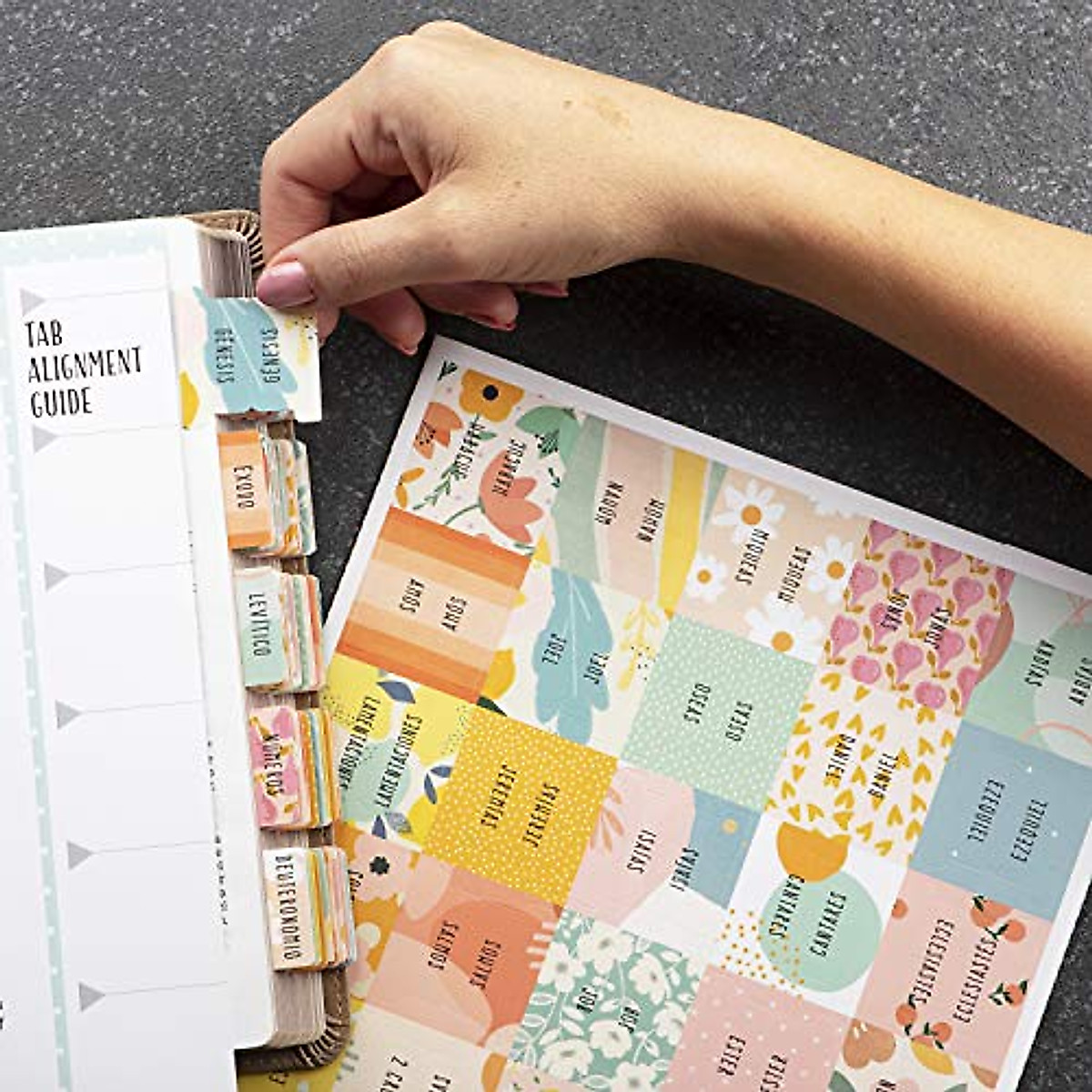 DiverseBee Spanish Bible Tabs (Large Print, Easy to Read), Bible Journaling Book Tabs, Christian Gift, 66 Bible Tabs Old and New Testament, Includes Catholic Books and 9 Blank Tabs - Alegria Theme