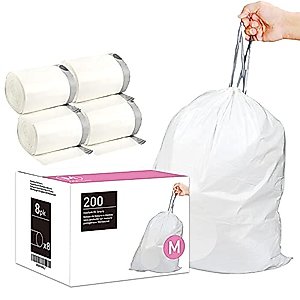 Code M 200 Count 12 Gallon 45 Liter Trash Bags Compatible with simplehuman Code M, White Drawstring Garbage Liners