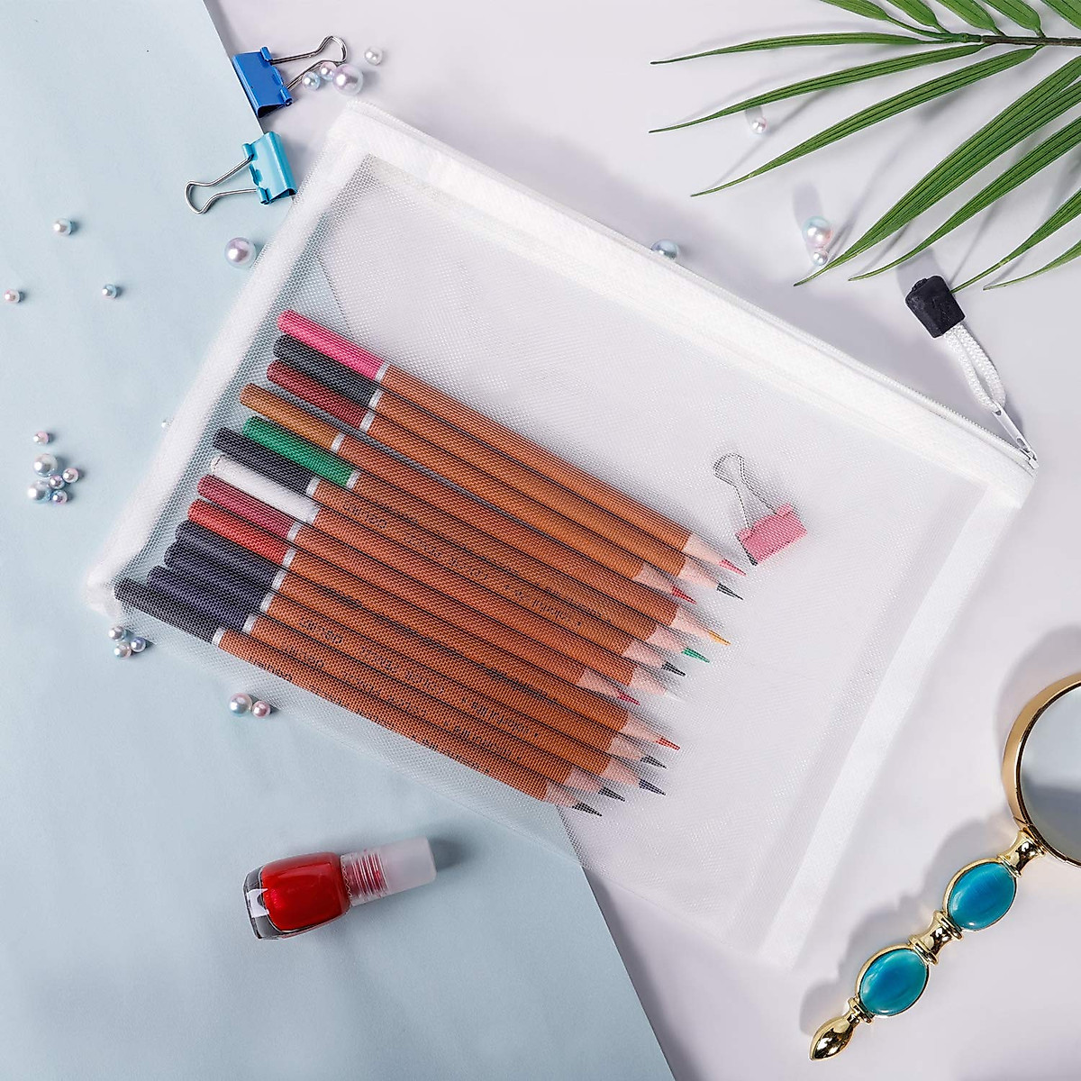 20 Pieces Mesh Bags Mesh Zipper Pouch Makeup Cosmetic Bag Pencil Pouch, 9.5 x 7.1 inches (White)