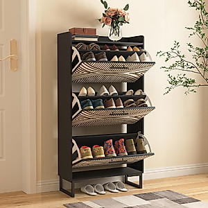 Vibe & Dine Shoe Cabinet with 3 Flip Drawers, Modern Shoe Storage Cabinet with Adjustable Shelves for Entryway Slim, FreeStanding Narrow Shoe Organizer Cabinet with Gold Metal Handle and Legs, Black