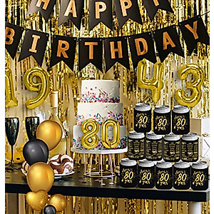 Henghere 80th Birthday Decorations for Men Women, 80th Birthday Party Supplies, Vintage - Eighty Birthday Party Beverage Can Cooler Sleeves, 12-Pack (Black & Gold)