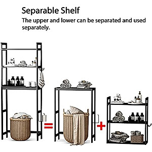 Bonzy Home Over The Toilet Storage Bamboo 3 Tier Bathroom Organizer Space Saver Bathroom Shelf Freestanding Toilet Stands with Hooks, Black