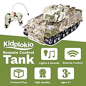 Kidplokio Remote Control Army Military War RC Tank with Lights Sounds, Assorted Camo, Boys, Ages 3+