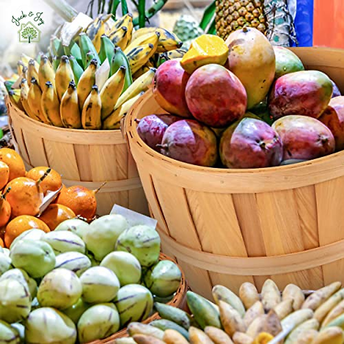 Jack & Joy Set of 2 Baskets for Produce – Thick Wood Slots and Reinforced Body, Display Fruits and Vegetables or Use in Home Garden, Fold Down Strap for Easy Carrying, Large 11" & Small 9"