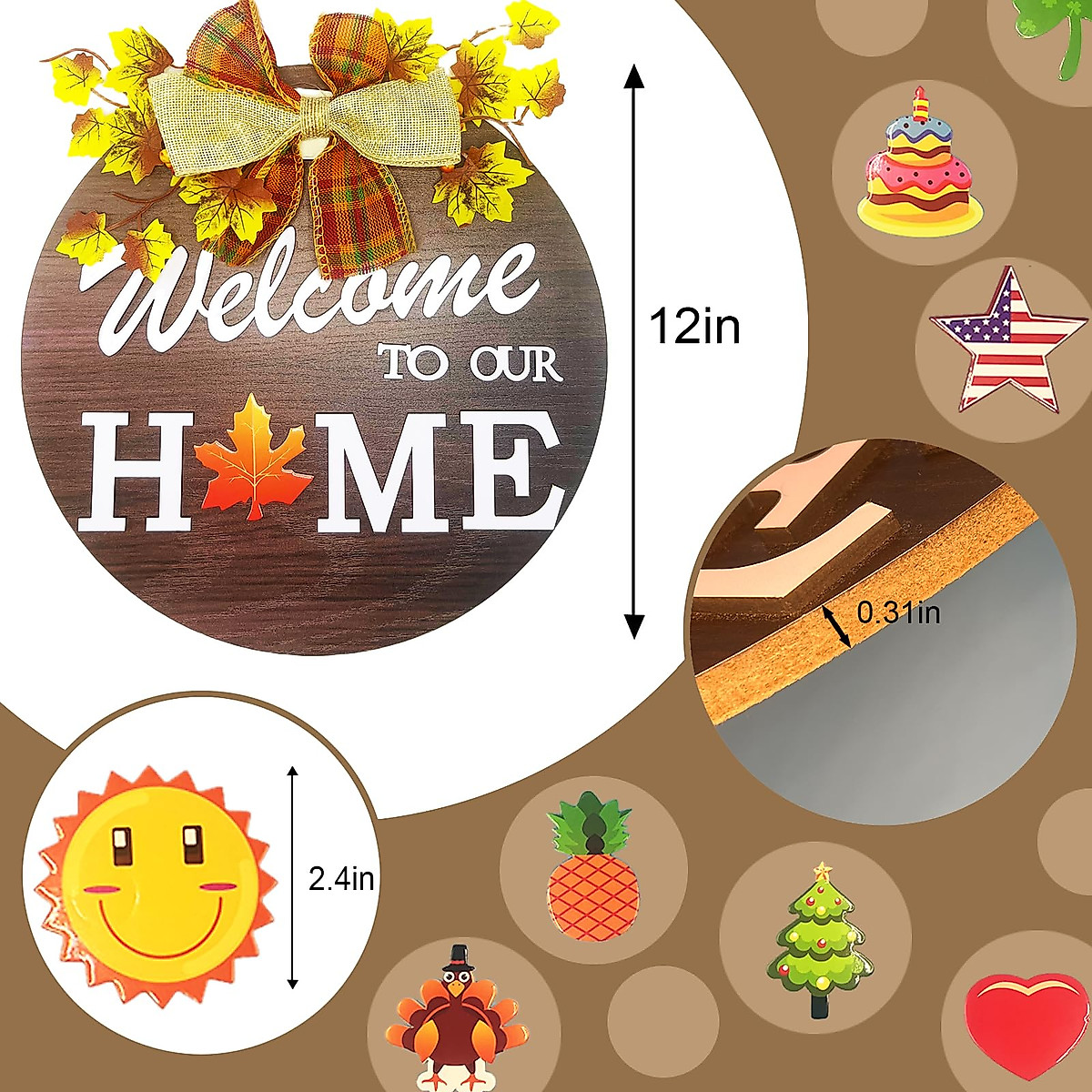 Interchangeable welcome sign wreaths for front door decorations hanging decor， house warming gifts，new home decorations ，spring summer Autumn winter all seasons， outdoor signs for porch， christmas