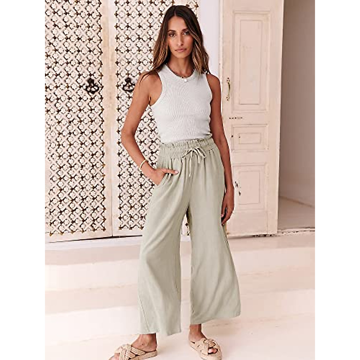 ANRABESS Women's Linen Pants Casual Loose High Waist Drawstring Wide Leg Capri Palazzo Lounge Pants Cropped Trousers Summer Boho Outfits 939maxing-S Beige