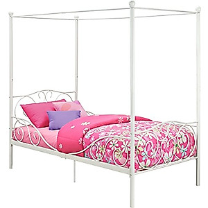 DHP Metal Canopy Kids Platform Bed with Four Poster Design, Scrollwork Headboard and Footboard, Underbed Storage Space, No Box Sring Needed, Twin, White