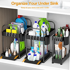 Weenkilly 3 Pack Under Sink Organizer, 2 Tier Sliding Kitchen Cabinet Organizer, Kitchen Sink Organizer with Hooks, Hanging Cups, Handles, Multifunction Bathroom Organizer Kitchen Storage