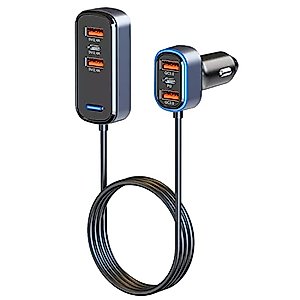 Impulsiqs 6 Port USB C Car Charger Adapter – 75W Car USB Charger Multi Port 5 ft Backseat Extension - 12v Cigarette Lighter USB Charger Plug - Super Fast Type C PD3.0 QC3.0 Compatible with iPhone