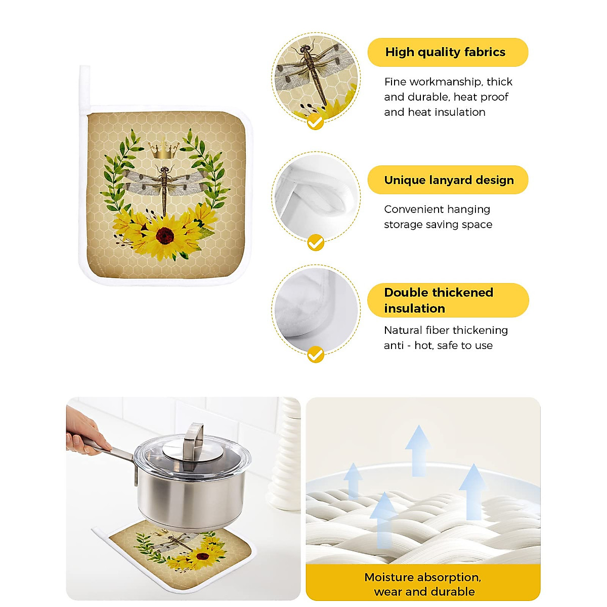 Pot Holder Set of 2 Dragonfly and Crown Sunflower Wreath Potholder Heat Proof Non-Slip Pot Holders,Yellow Honeycomb Hot Pads Potholders for Kitchen Cooking Baking BBQ