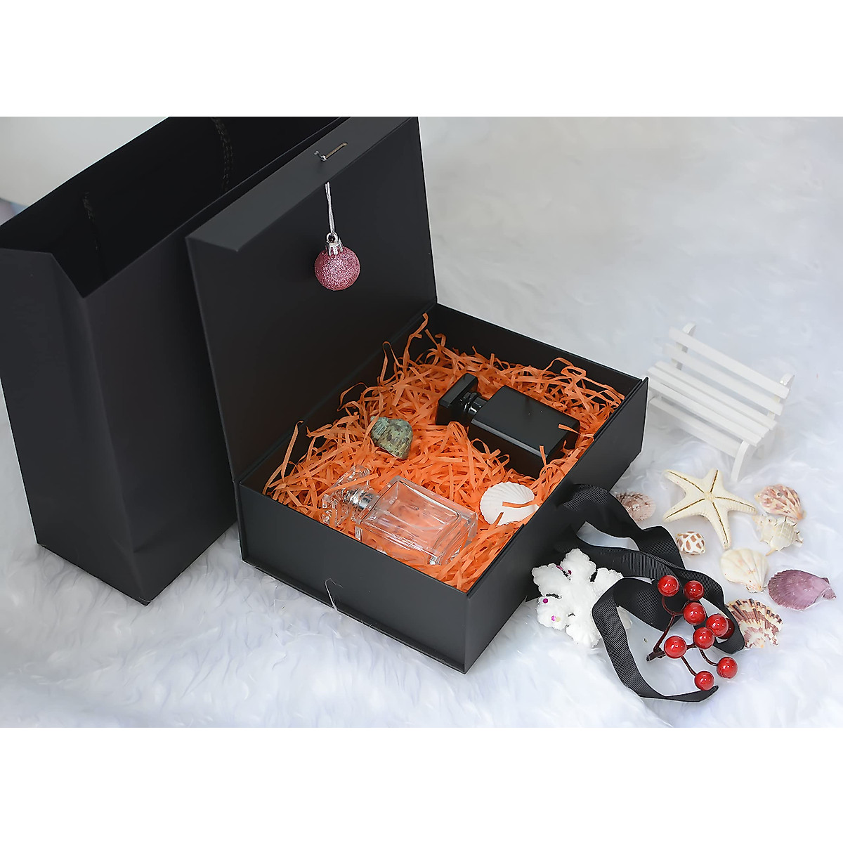 Large Black Luxury Magnetic Gift Box with Lid, Ribbons and Gift Bag, 12.2x8.7x4 Inches, Great for Business, Christmas, New Year, Wedding, Birthdays, Groomsman, Husband, Father's Day, Presents Display and Packging