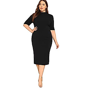 Floerns Women's Plus Size Mock Neck Short Sleeve Bodycon Pencil Midi Dress Black Pure 2XL