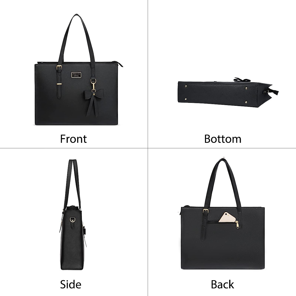 MOSISO Laptop Bag for Women Compatible with MacBook, 17-17.3 inch Notebook and Chromebook, PU Leather Travel Work Tote bag with Detachable Bowknot & Small Purse, Black