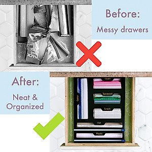 Easy to Clean Foil & Plastic Wrap Dispenser, Ziplock Bag Storage Organizer (Modern Edition) | Suitable for Kitchen Drawer, Sandwich, Gallon, Quart, etc. (Black)