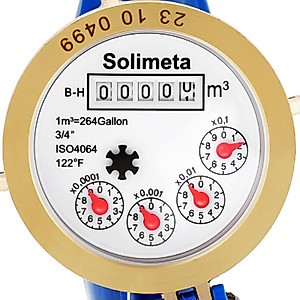 Solimeta Water Meter, Cold Water Meter for Garden and Home, 3/4"NPT Couplings, Measuring in Cubic Meter