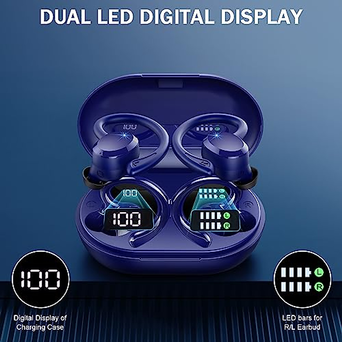 Wireless Earbuds Bluetooth Headphones Sport, Bluetooth 5.3 Earbuds Immersive HiFi Stereo Over-Ear Buds, 48Hrs Earphones in Ear with Earhooks, HD Mic, IP7 Waterproof Headset for Workout Running (Blue)