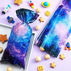 100 Pieces Outer Space Party Bags Plastic Galaxy Theme Bags Goodie Favor Bags Party Candy Bags with 100 Silver Twist Ties for Birthday Baby Shower Supplies
