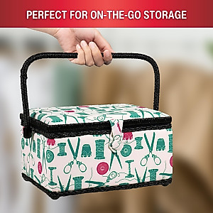 SINGER 07271 Basket with Sewing Notions Kit & Removable Tray-Vintage Spools, Tan