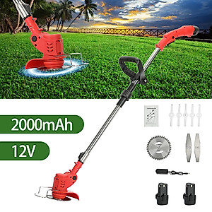 HEVIRGO 12V 2000mAh Cordless Grass String Trimmer with 2 Batteries Charger, Telescopic Electric Grass Trimmer Weed Eater Lawn Mower, Garden Brush Cutter Ship from USA Fast Arrival