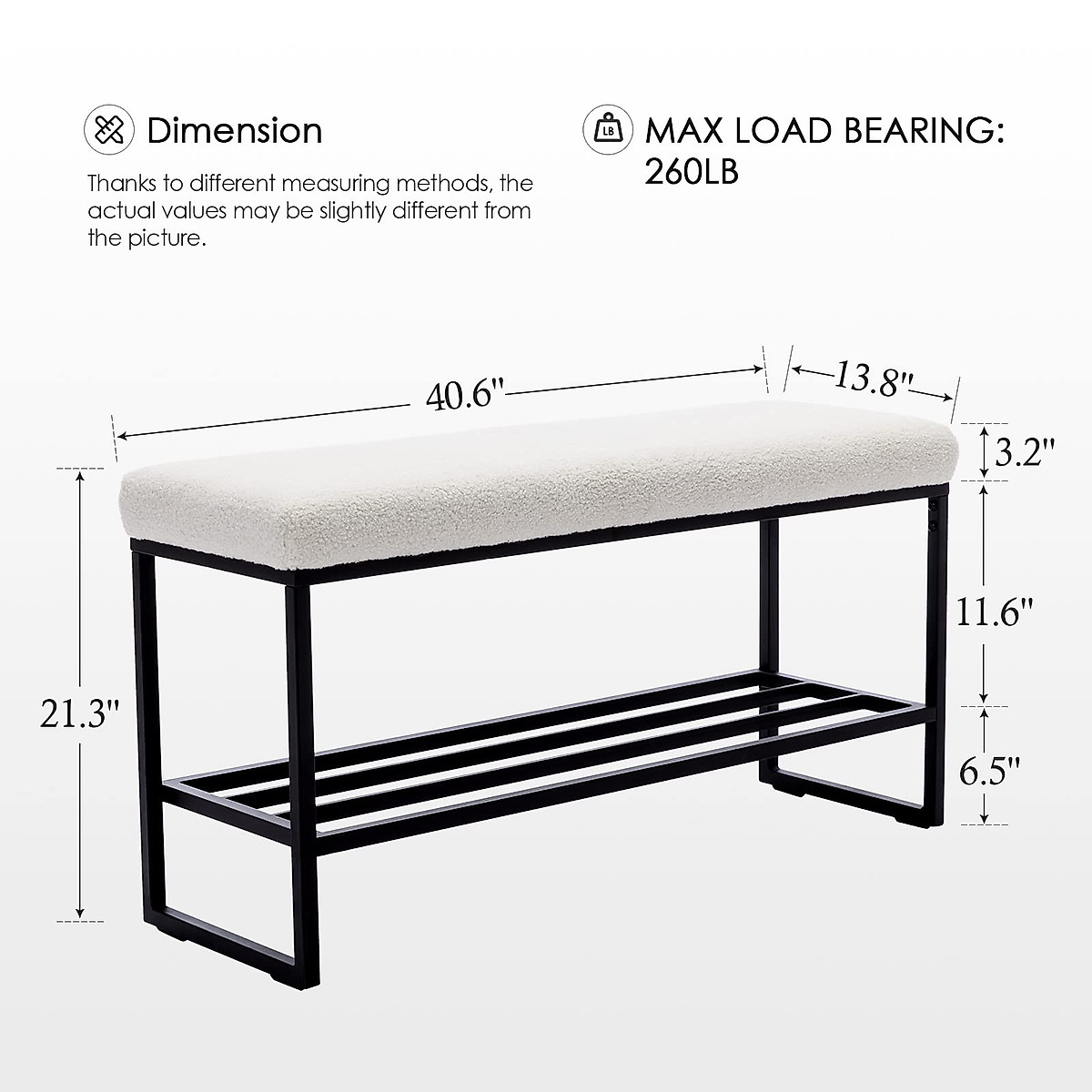 Zesthouse Boucle Shoe Bench Entryway with Storage, Upholstered Bench for Bedroom End of Bed, Metal Shoe Rack for Closet Hallway Doorway Living Room Mudroom, White