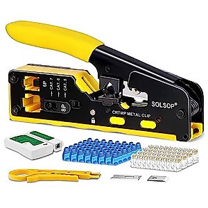 Solsop Network/Phone Cable Tester RJ45 Crimp Tool Pass Through Modular CAT6 Crimping Tool Kit, 50PCS CAT6 Pass Through Connectors, 50PCS RJ45 Boots, Mini Wire Stripper, Wire Cutter plier