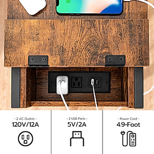 HOOBRO End Table with Charging Station, Set of 2 Narrow Side Table, Small Nightstand, Bedside Table with Drawer and Storage Shelves, for Small Spaces, Rustic Brown and Black BF041BZP201