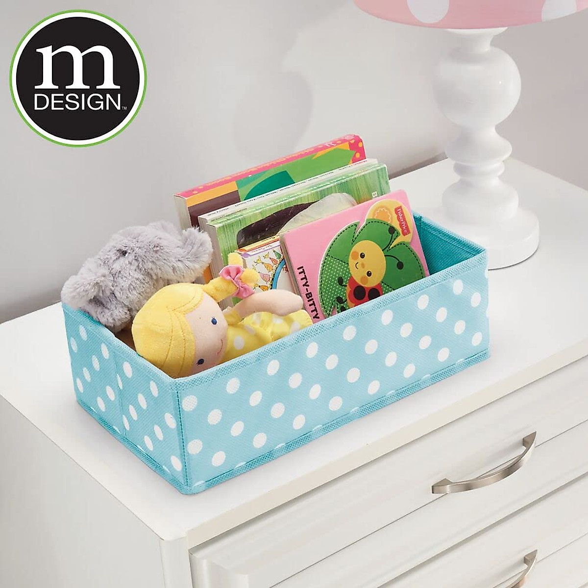 mDesign Fabric Drawer Organizer Bins, Kids/Baby Nursery Dresser, Closet, Shelf, Playroom Organization, Hold Clothes, Toys, Diapers, Bibs, Blankets, 4 Pack - Turquoise Blue/White Polka Dot