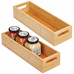 mDesign Slim Bamboo Kitchen Cabinet & Fridge Drawer Organizer Tray - Storage Bin for Cutlery, Serving Spoons, Cooking Utensils, Gadgets - 4.6" Wide, 2 Pack - Natural Wood Finish