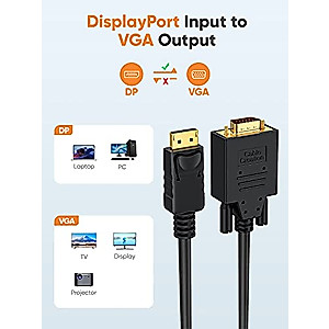 CableCreation Displayport to VGA Cable 6FT, Displayport to VGA Adapter Gold Plated 1080P@60Hz, Standard DP Male to VGA Male Cable, Compatible with Laptop, PC, TV, Projector, Black