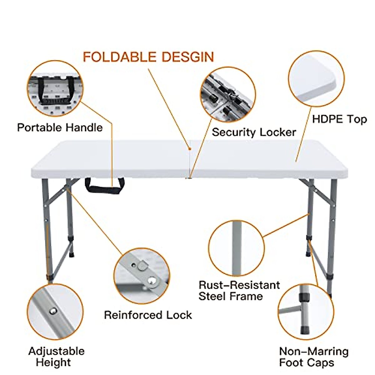 Lakhow 122CZ Folding Tables Camping Table 4FT Adjustable Height（ 49/61/74CM） Portable Dining Table Party,Height Adjustable Craft Camping and Utility Folding Table,White Granite