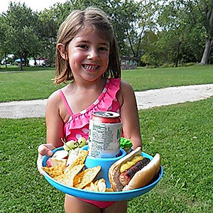 Great Plate Reusable Plastic Plates for Parties with Built-in Cup Holder, Chip and Dip, Set of 6 Party Plates and Cups for Kids or Adults, Food Serving Tray with Drink Holder for BBQ Camping Picnics