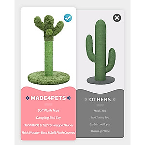 Made4Pets 34" Tall Cat Scratching Post, Cactus Cat Scratcher Kitten Scratching Posts for Indoor Cats Adults Claw Scratch with Sisal Rope, Vertical Green Cat Tree with Dangling Ball for Kitties Large