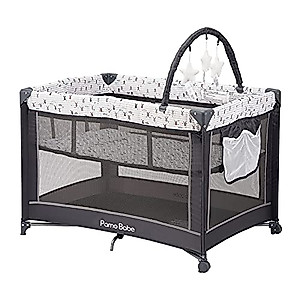 Pamo Babe Portable Playard,Sturdy Play Yard with Mattress and Toy bar with Soft Toys (Grey)…