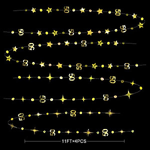Gold 50th Birthday Decorations Number 50 Circle Dot Twinkle Star Garland Metallic Hanging Streamer Bunting Banner Backdrop for 50 Year Old Birthday Happy 50th Anniversary Fiftieth Party Supplies