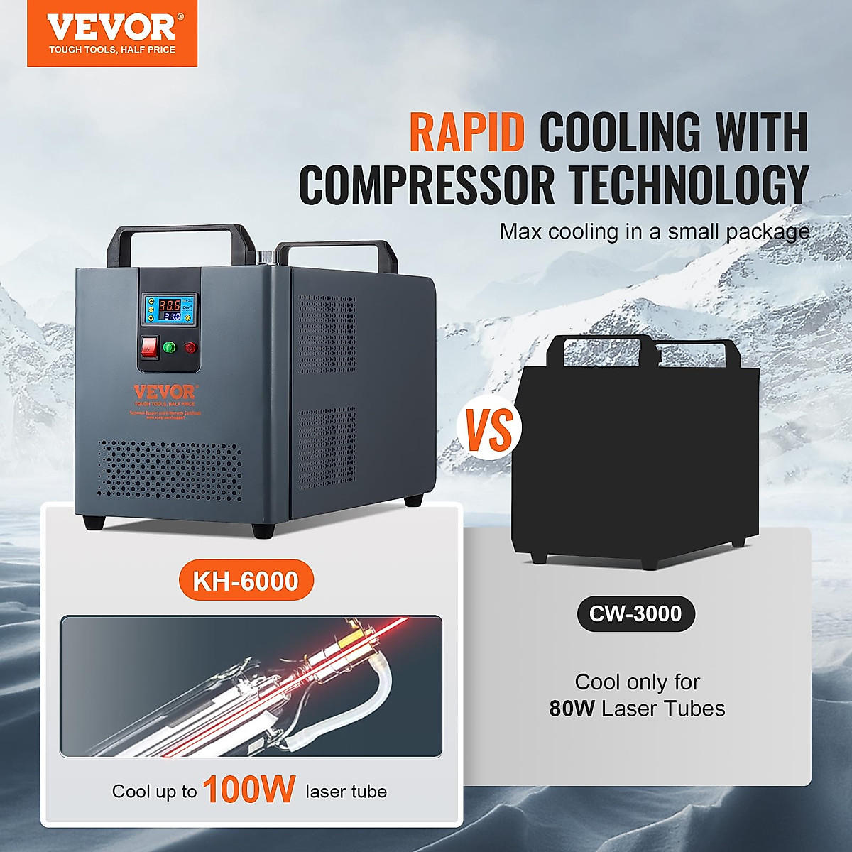 VEVOR Industrial Water Chiller, KH-6000, 200W Industrial Water Cooler with Compressor 7.8 L/min Max Flow Rate, for 60W 70W 80W 90W 100W CO2 Laser Engraving & Cutting Machine