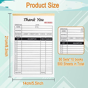10 Pack Thank You Receipt Book, 2-Part Carbonless Sales Invoice Book with Cardboard for Small Boutique Business, (8.3x5.5 Inches, 50 Sets*10)