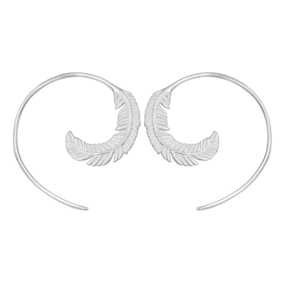 Boma Jewelry Sterling Silver Feather Matte Finish Pull Through Hoop Earrings