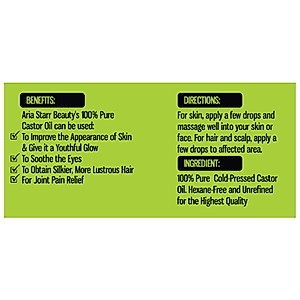 Aria Starr Castor Oil Cold Pressed - 16 FL OZ - 100% Pure Hair Oil For Hair Growth, Face, Skin Moisturizer, Scalp, Thicker Eyebrows And Eyelashes