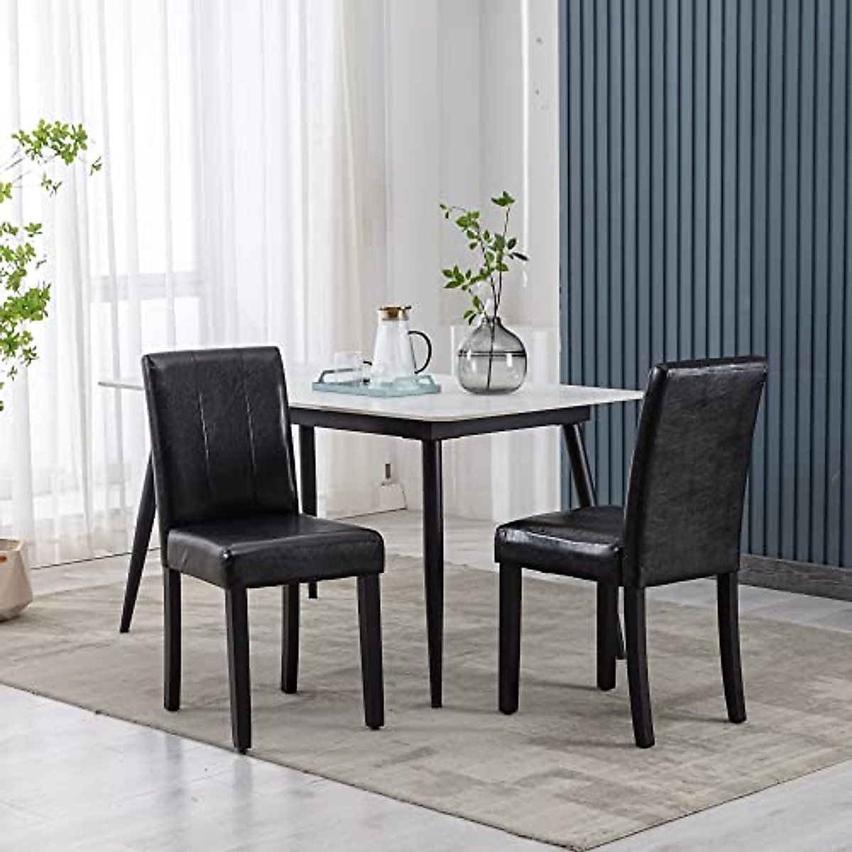 FUNESI PU Leather Upholstered Dining Chair, Armless Parsons Chair with Black Solid Wood Legs Set of 2（Black