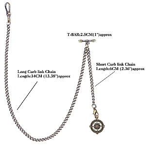 SIBOSUN Pocket Watch Albert Chain T Bar & Lobster Clasps Watch Chain Vest Chain for Men Curb Link Chain 2 Hooks with Antique Compass Pendant Design Charm Fob T-Bar Chain Bronze