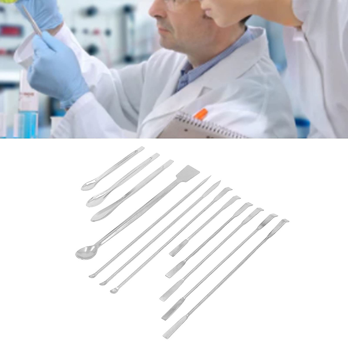 12pcs Stainless Steel Laboratory Spatula Micro Spatula Lab Sampling Scoop Long Sampling Spoon Assortment Kit